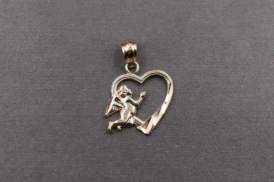 10K Solid Yellow Gold 0.7" Diamond Cut Angel Heart Charm Pendant. - Etsy