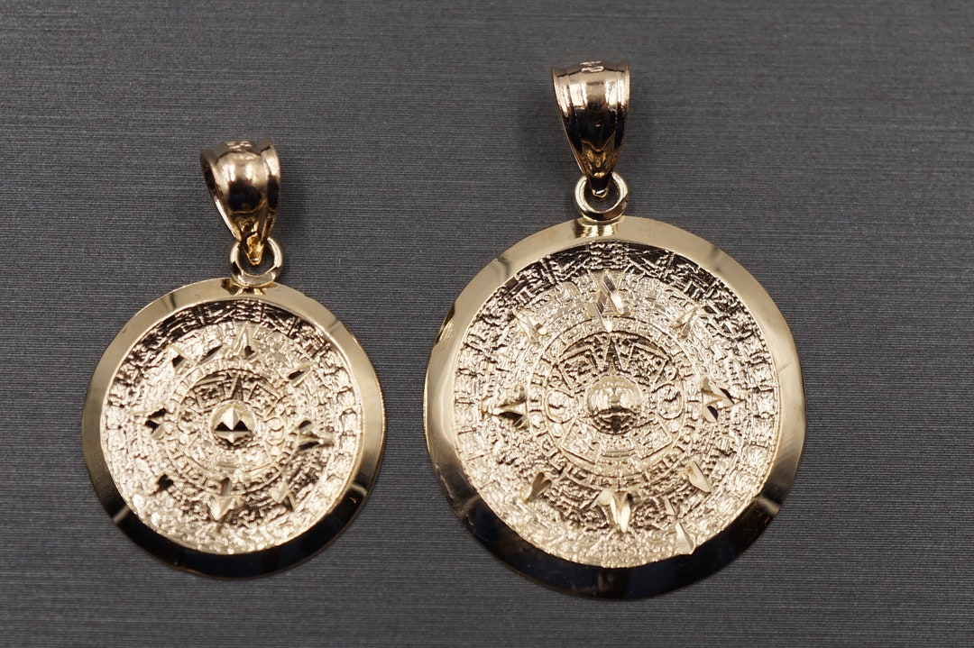 10K Solid Yellow Gold Circle Aztec Mayan Calendar Charm Pendant. 2 ...