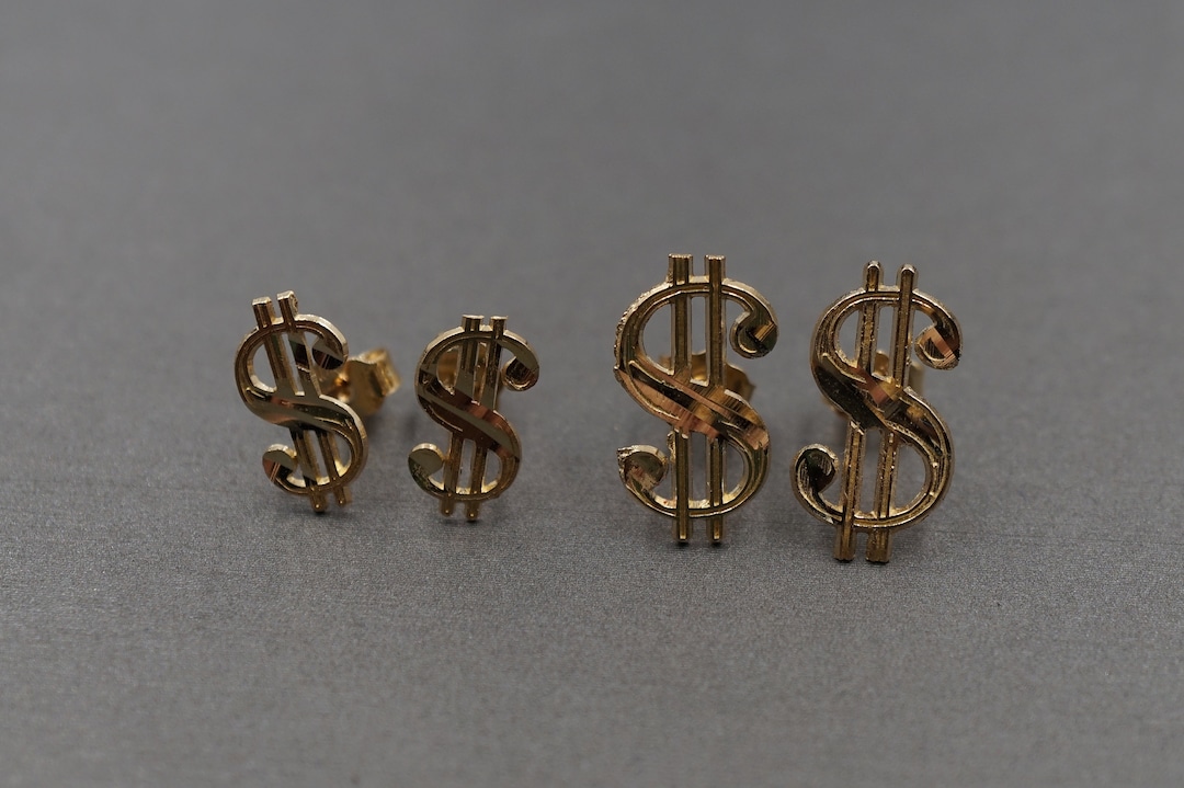 10K Solid Yellow Gold Diamond Cut Money Dollar Sign Stud Earrings. Men ...