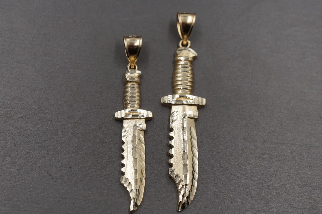 10K Solid Yellow Gold Diamond Cut Dagger Knife Charm Pendant. 2.5" , 2. ...