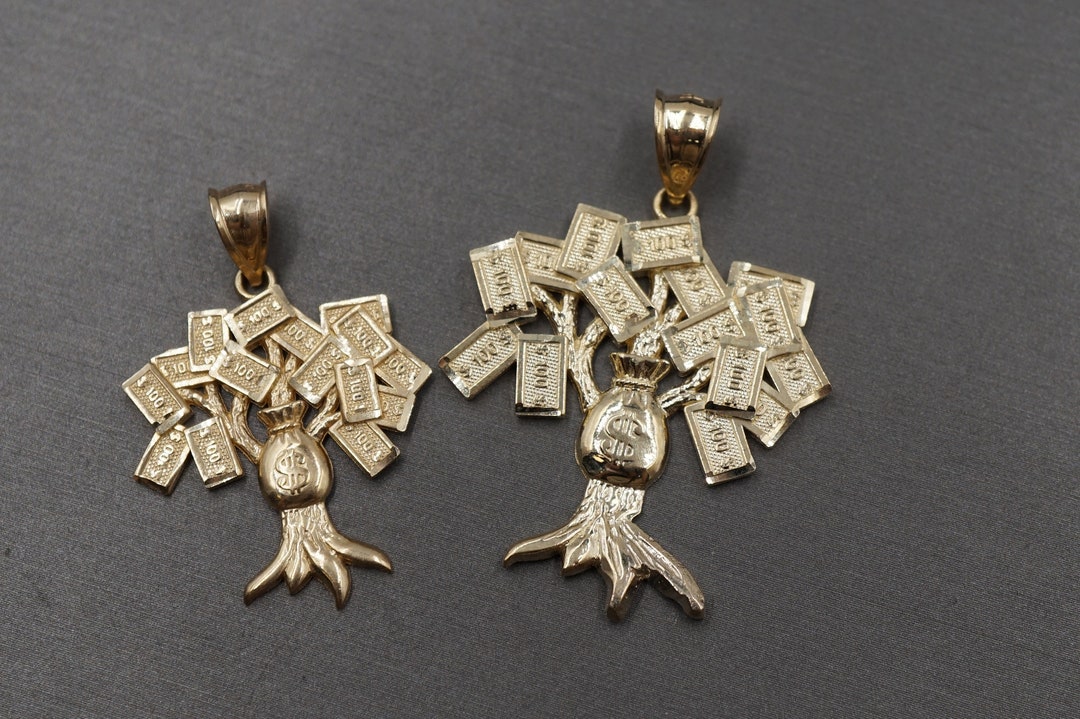 10K Solid Yellow Gold Diamond Cut Hundred Dollar Money Tree Charm ...