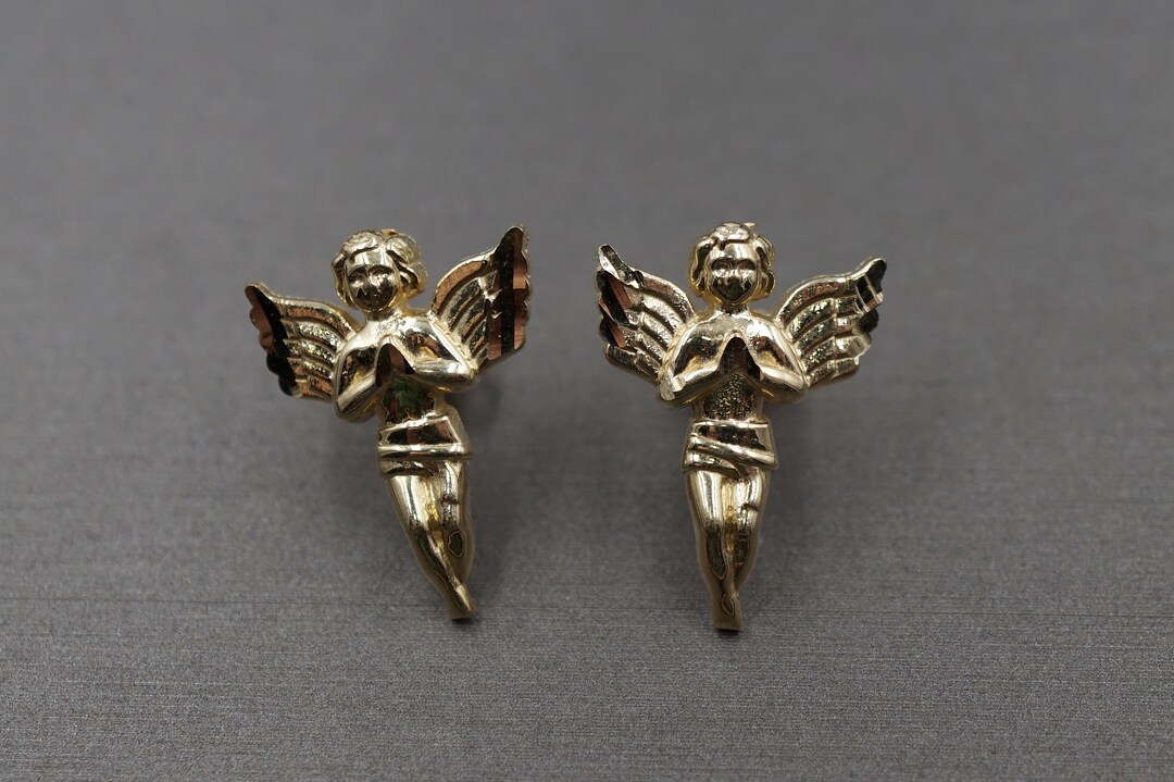 10K Solid Yellow Gold Diamond Cut Praying Angel Stud Earrings. Men ...