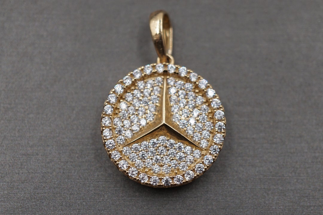 10K Solid Yellow Gold 1.1" Iced CZ Mercedes Benz Charm Pendant. - Etsy