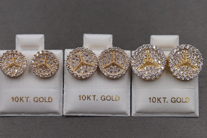 10K Solid Yellow Gold Mercedes Benz Logo Iced CZ Stud Earring. 3 Sizes ...