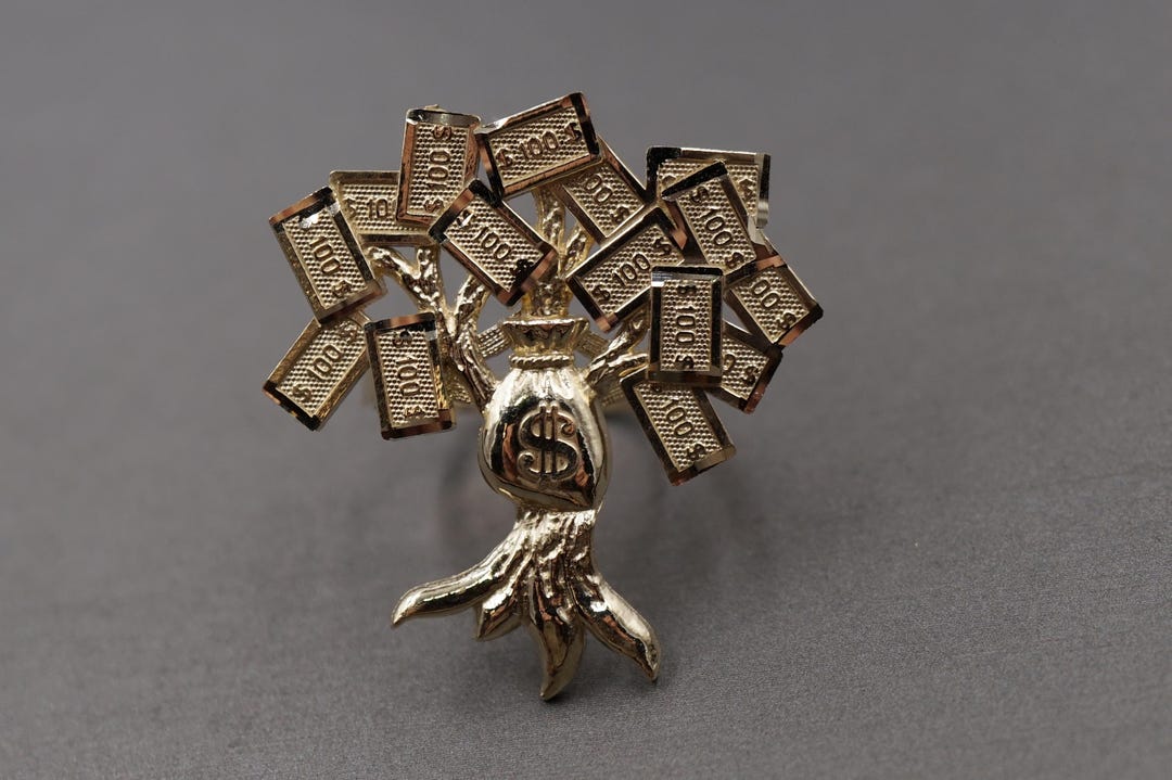 10K Solid Yellow Gold 1.35" Diamond Cut Money Tree Hundred Dollar Bill ...
