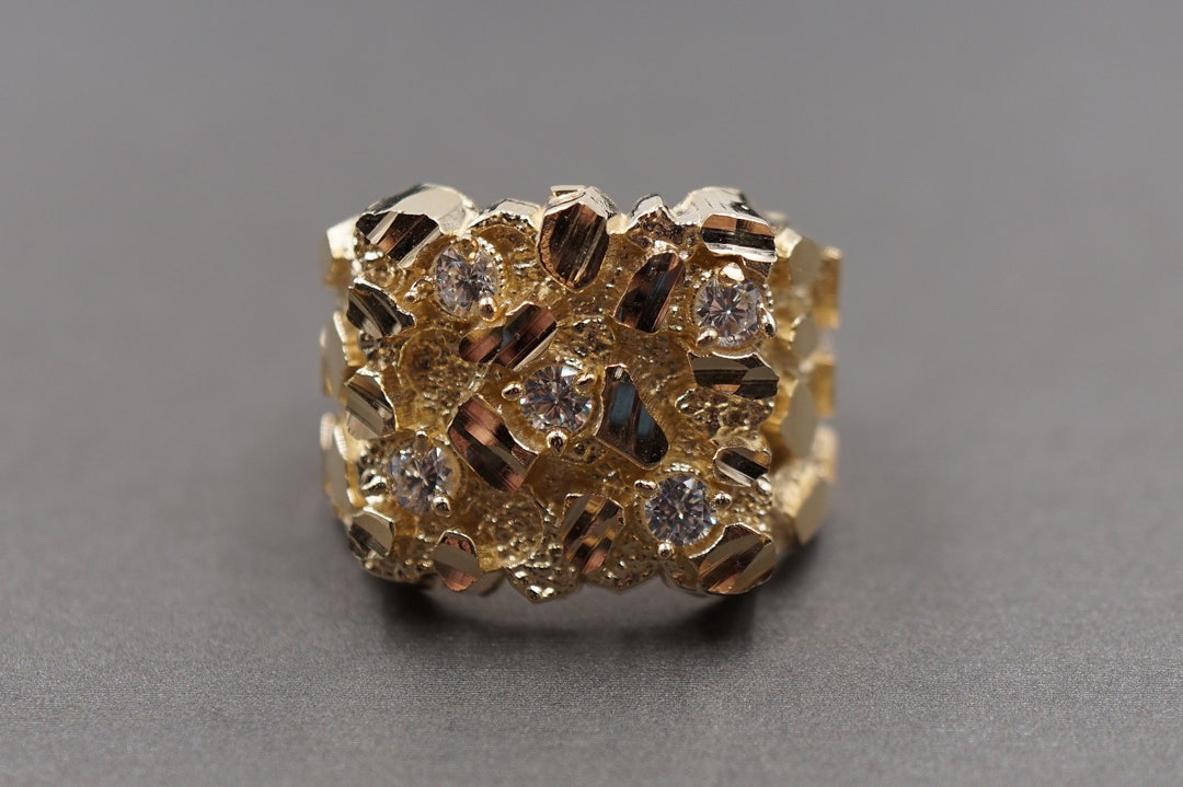10K Solid Yellow Gold Nugget Ring With CZ - 18MM Band - Etsy