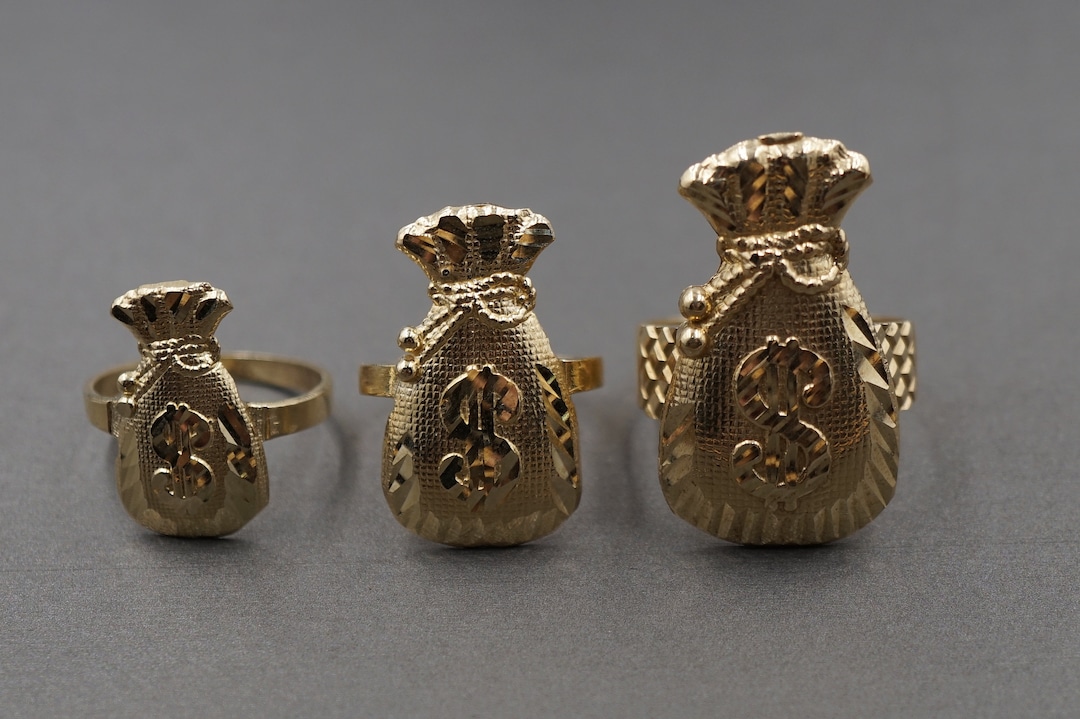 10K Yellow Gold Diamond Cut Money Bag Ring - Etsy