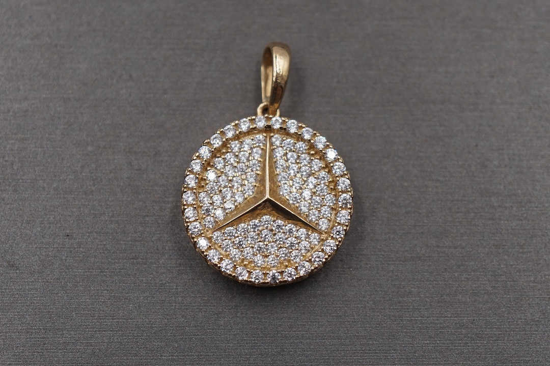 10K Solid Yellow Gold 1.1" Iced Mercedes Benz CZ Charm Pendant. - Etsy