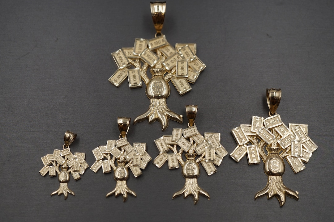 10K Solid Yellow Gold Diamond Cut Hundred Dollar Money Tree Charm ...