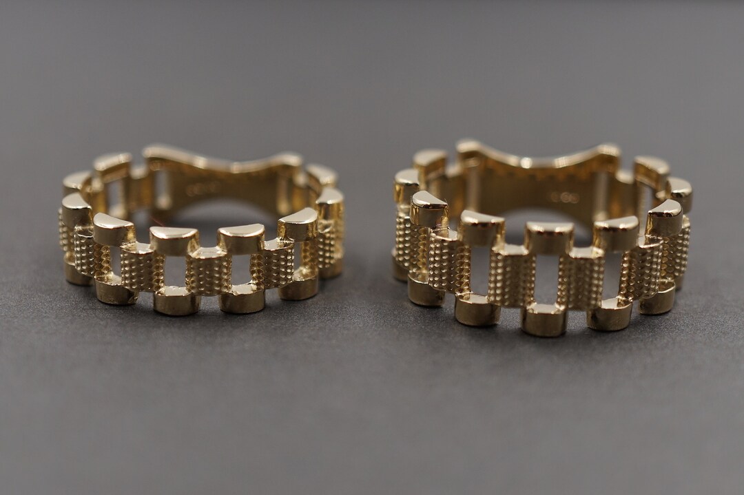 10K Solid Yellow Gold Rollie Style President Link Band Ring. 2 Sizes ...