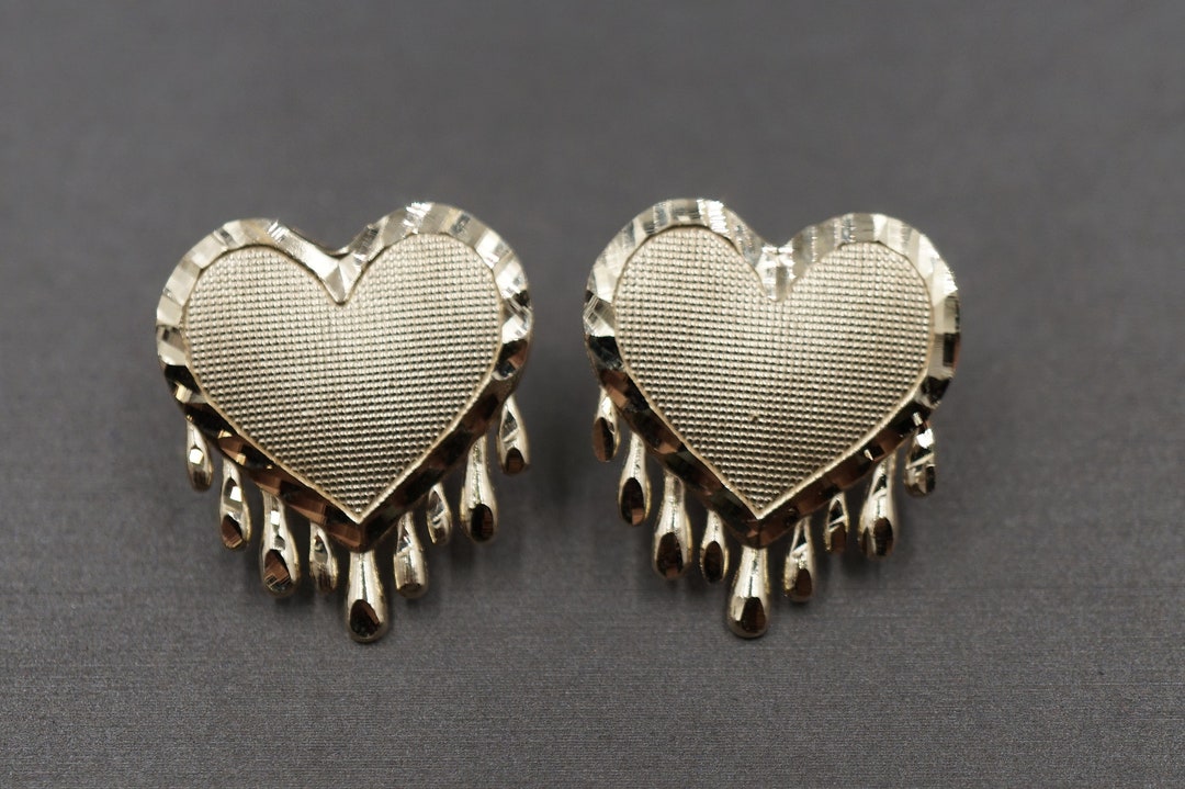 10K Solid Yellow Gold 0.9" Diamond Cut Dripping Heart Stud Earring. - Etsy