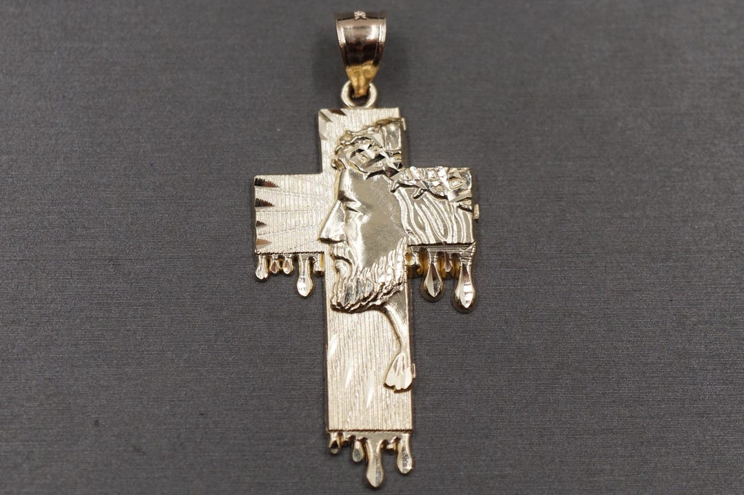 10K Solid Yellow Gold 1.9" Jesus Face Drip Crucifix Cross Charm Pendant ...