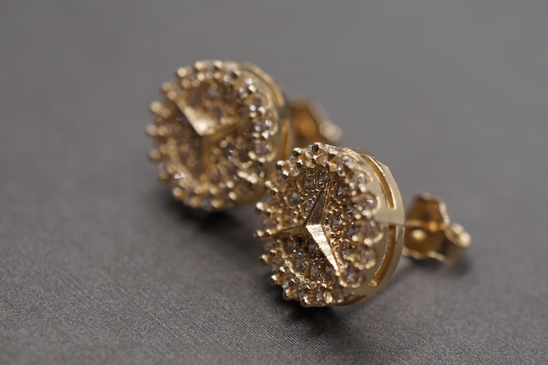 10K Solid Yellow Gold Mercedes Benz Logo Iced CZ Stud Earring. 3 Sizes ...