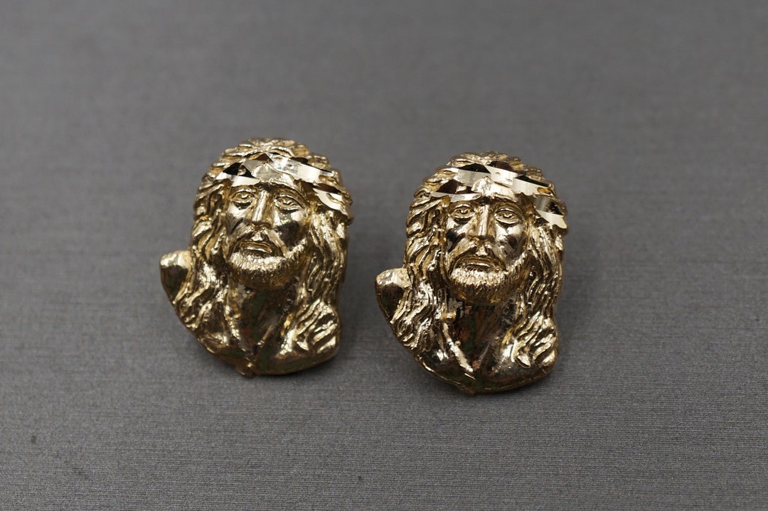10K Solid Yellow Gold Diamond Cut 0.5" Jesus Face Stud Earring. Men ...