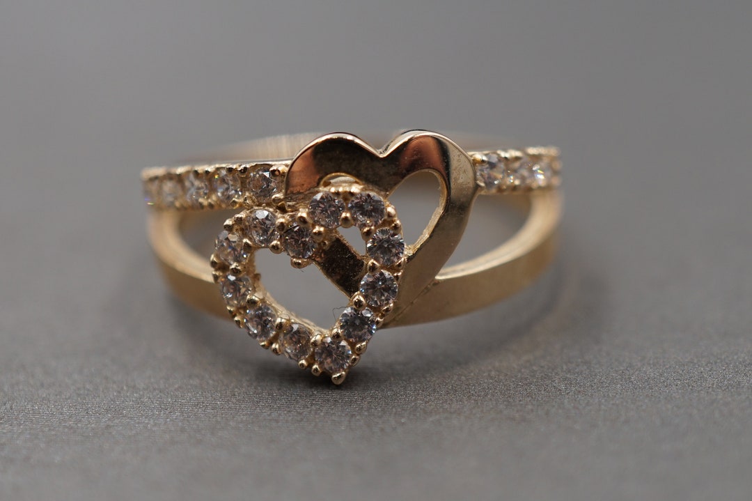 10K Solid Yellow Gold Fancy Double Heart CZ Band Ring. - Etsy
