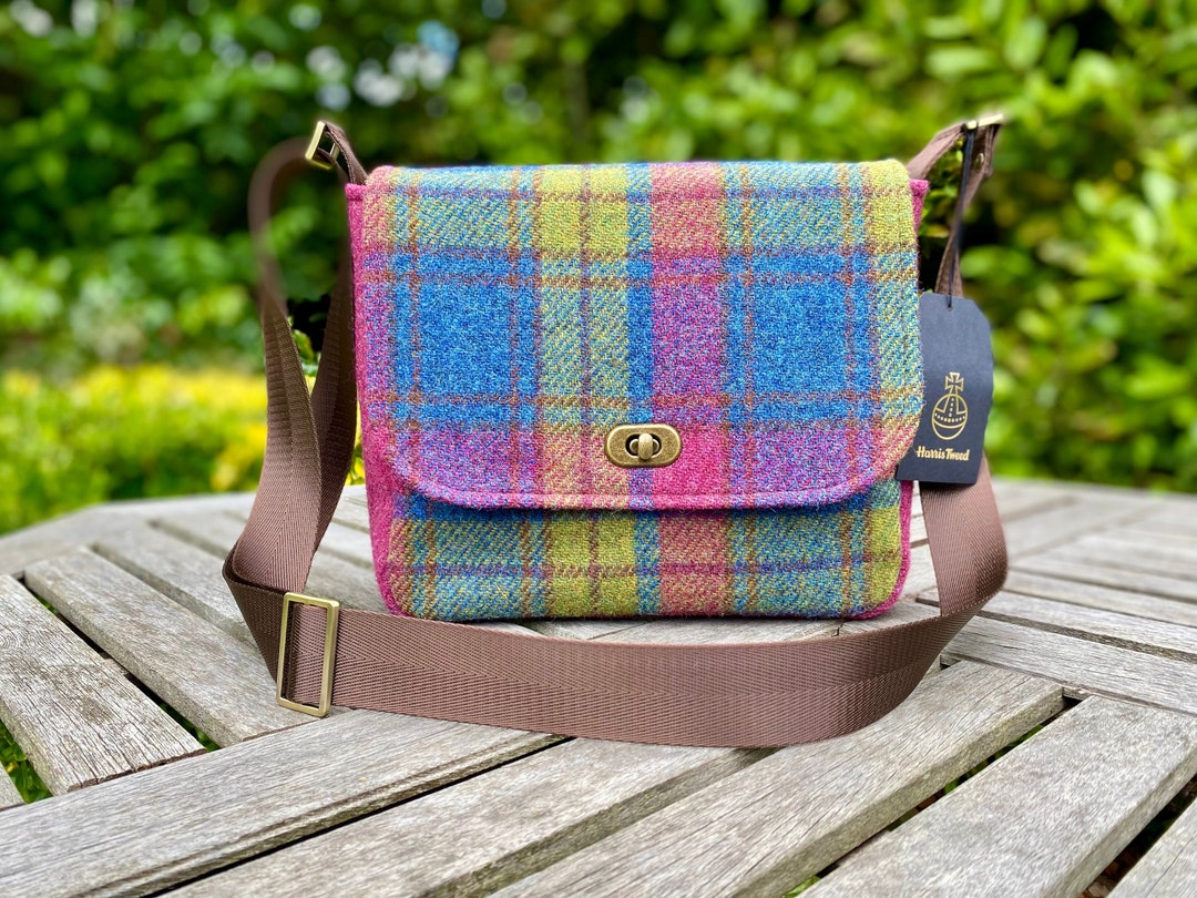 Raspberry, Blue and Green Check Harris Tweed Messenger Style Crossbody ...