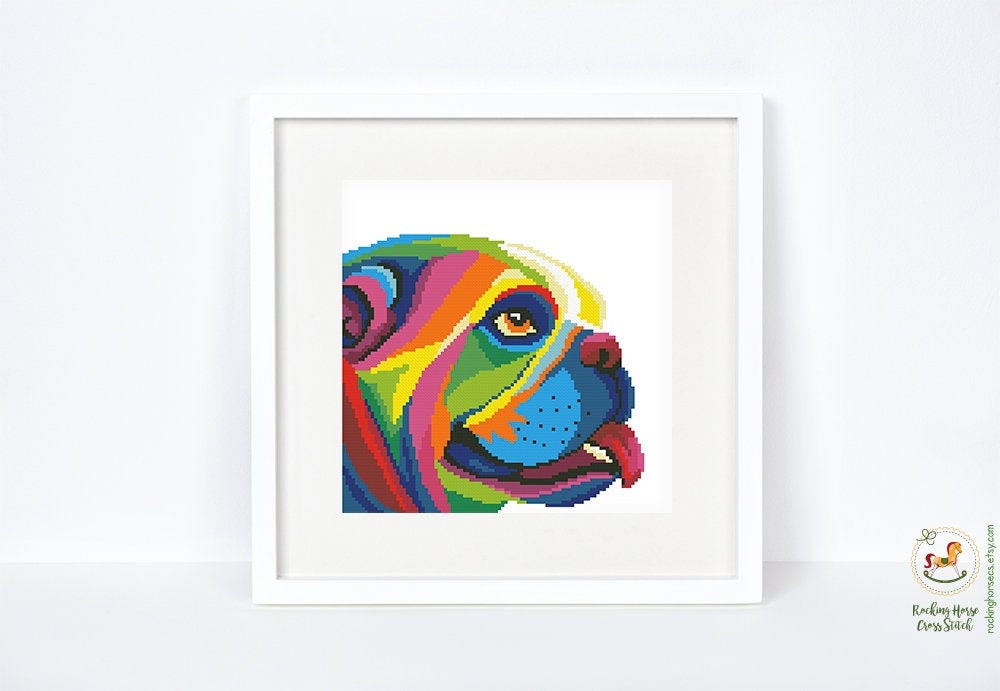 Rainbow Bulldog Cross Stitch Pattern Colorful Bulldog Cross Stitch ...