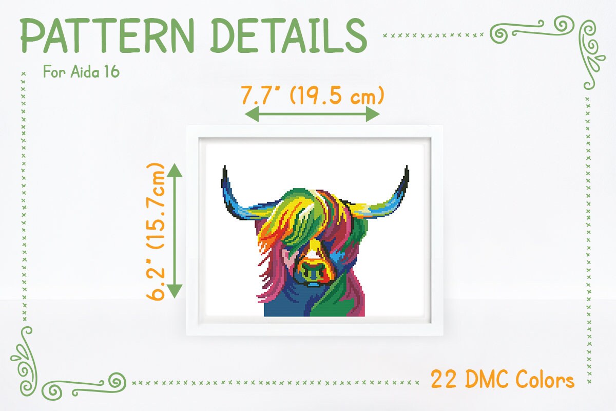 Rainbow highland cow cross stitch pattern Abstract colorful | Etsy