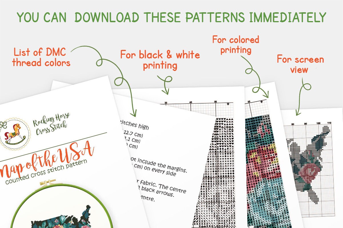 US Map Cross Stitch Pattern Floral United States of America - Etsy