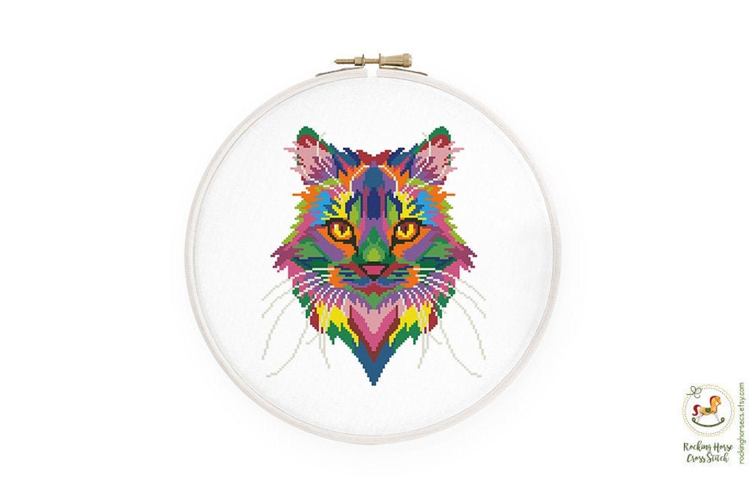 Colorful Cat Cross Stitch Pattern Abstract Cat Face Cross Stitch Cute ...