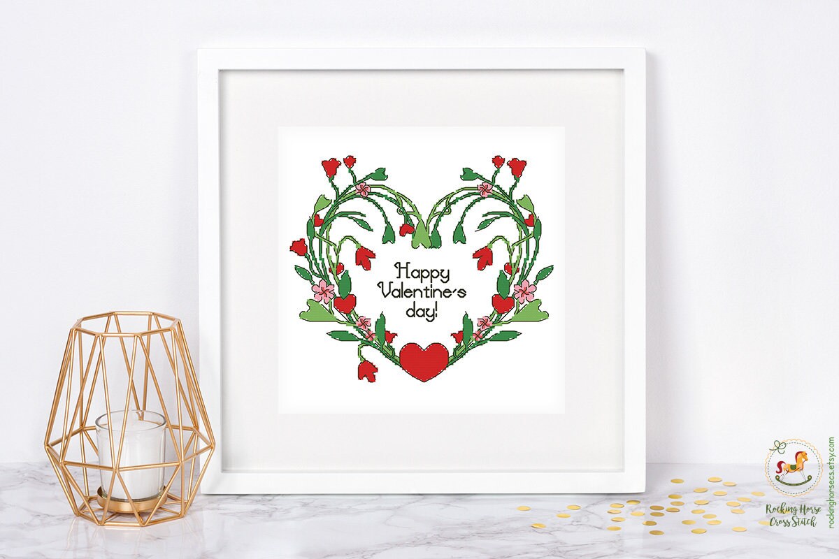 Happy Valentine's Day Cross Stitch Pattern Flower Wreath Cross Stitch ...