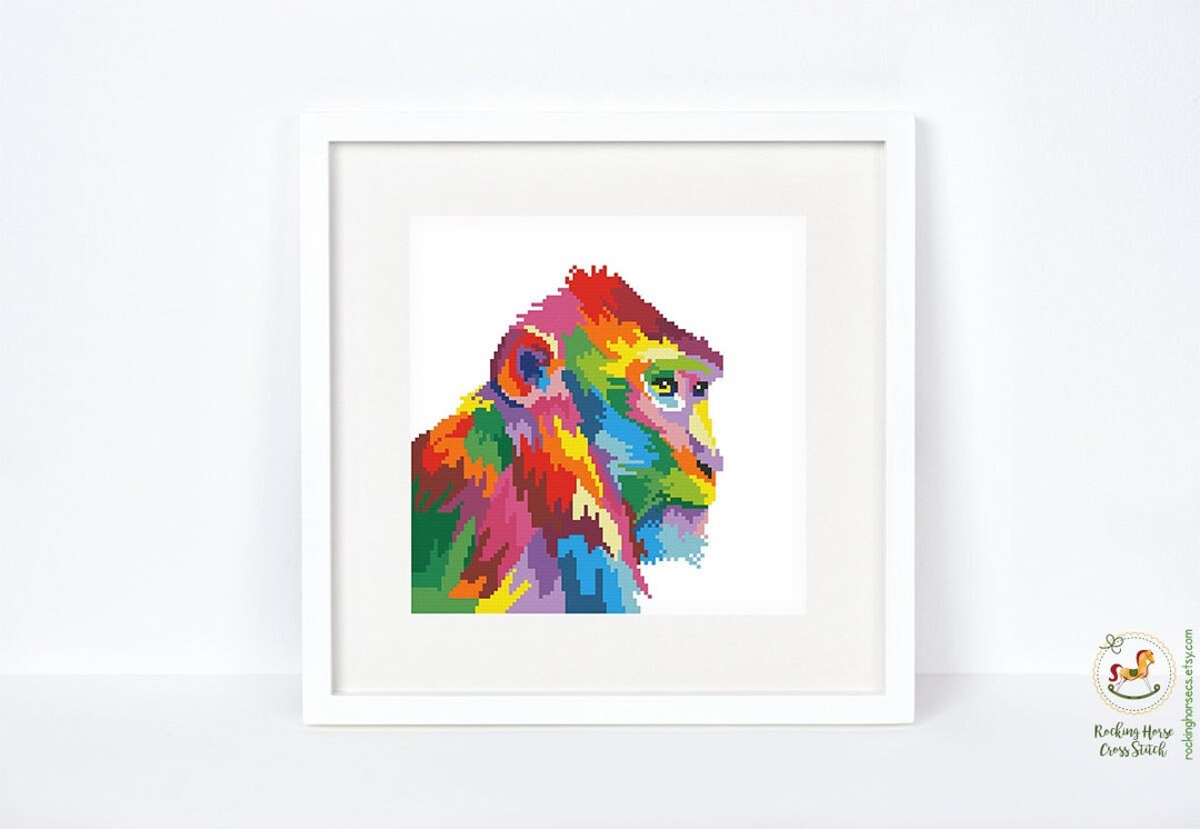 Colorful Macaque Cross Stitch Pattern Abstract Rainbow Monkey Cross ...
