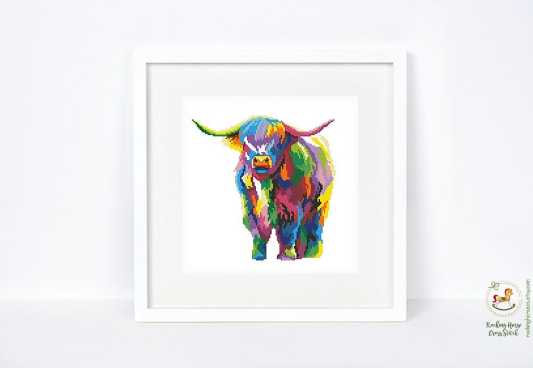 Rainbow Highland Cow Cross Stitch Pattern Abstract Colorful Farm Cow ...