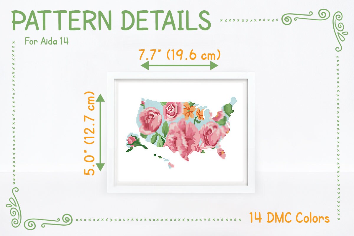 USA Map Cross Stitch Pattern Floral United States of America - Etsy