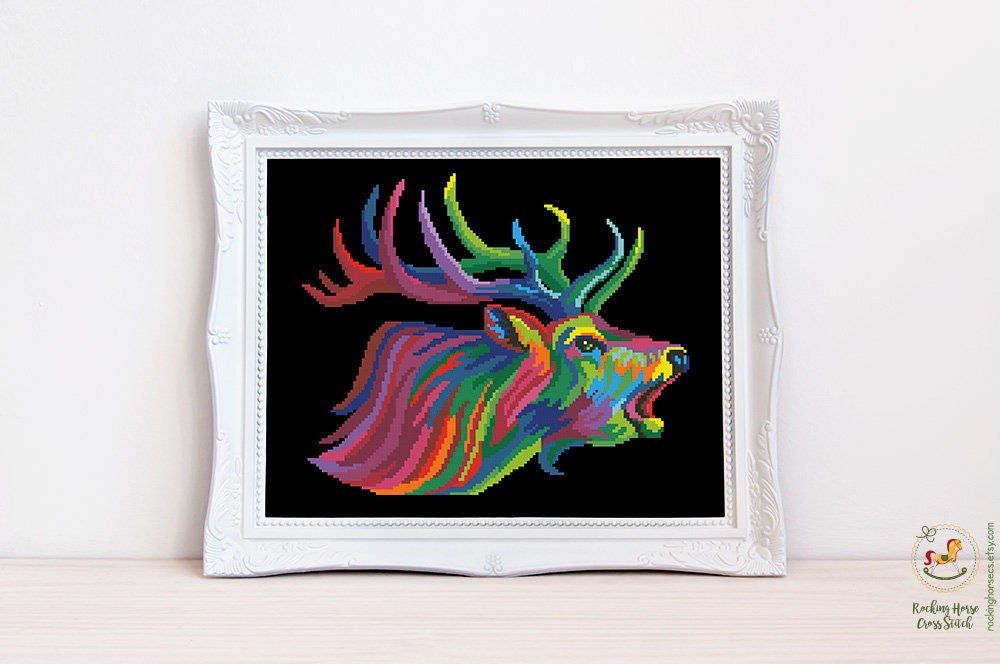 Rainbow Roaring Deer Cross Stitch Pattern Abstract Colorful - Etsy