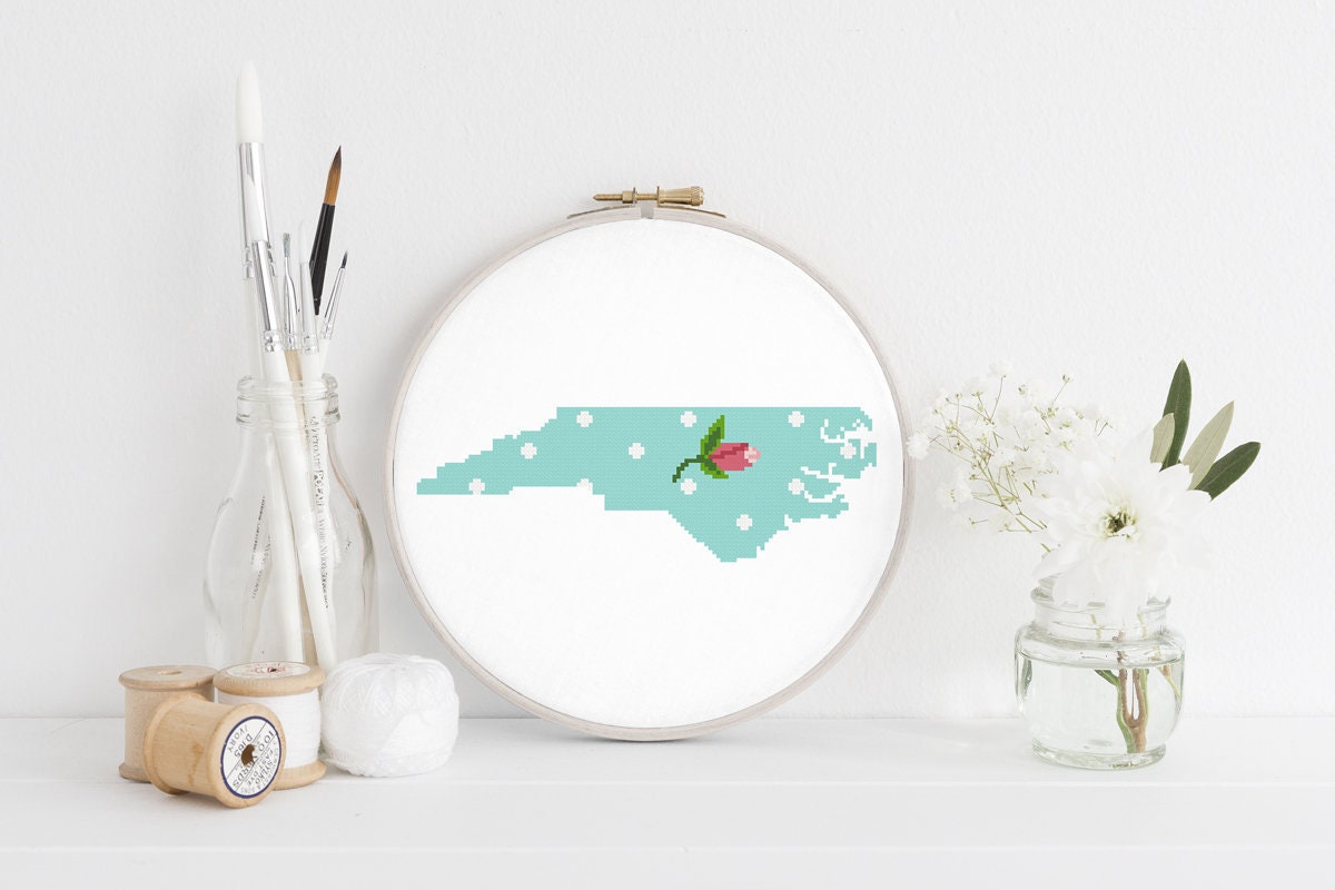 Floral North Carolina cross stitch pattern USA state cross | Etsy