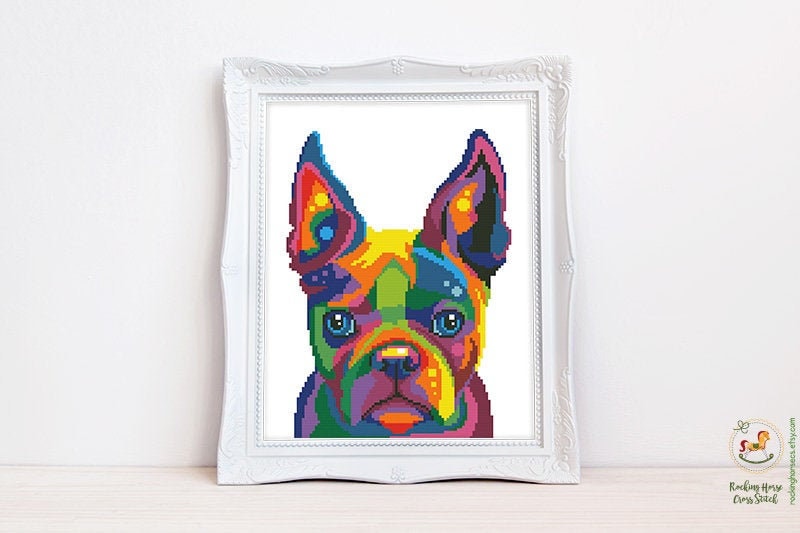 Colorful frenchie cross stitch pattern Abstract rainbow french | Etsy