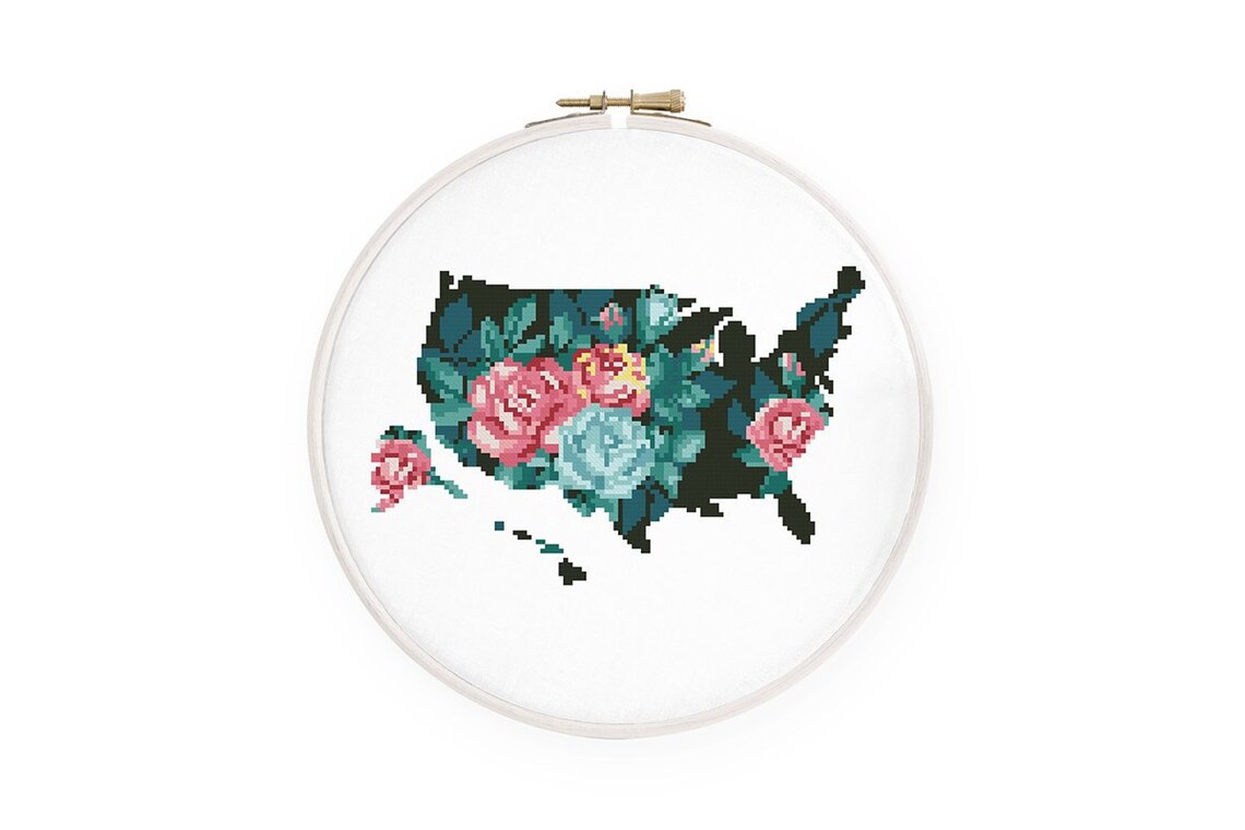 US Map Cross Stitch Pattern Floral United States of America | Etsy