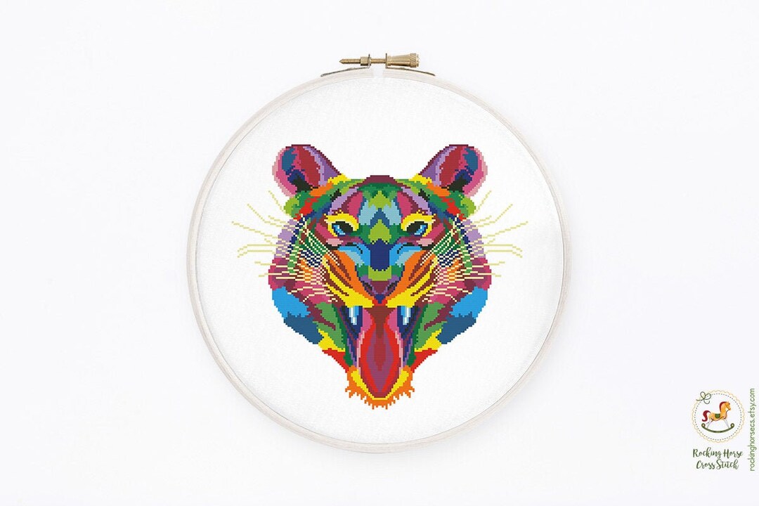 Colorful Tiger Cross Stitch Pattern Abstract Rainbow Tiger Cross Stitch ...