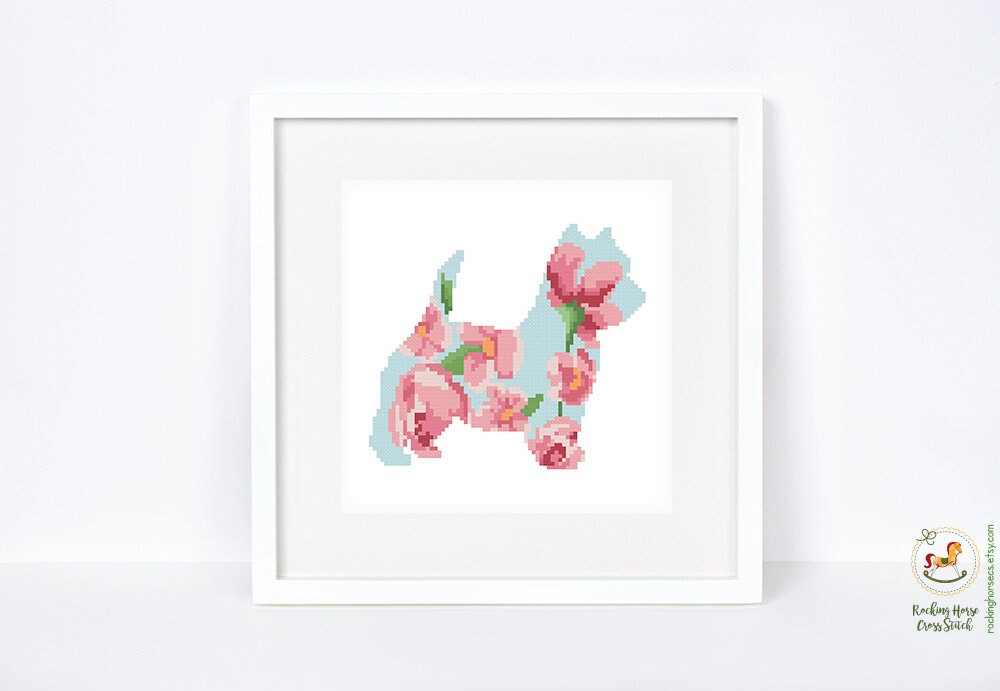 Floral Westie Cross Stitch Pattern Watercolor West Highland | Etsy