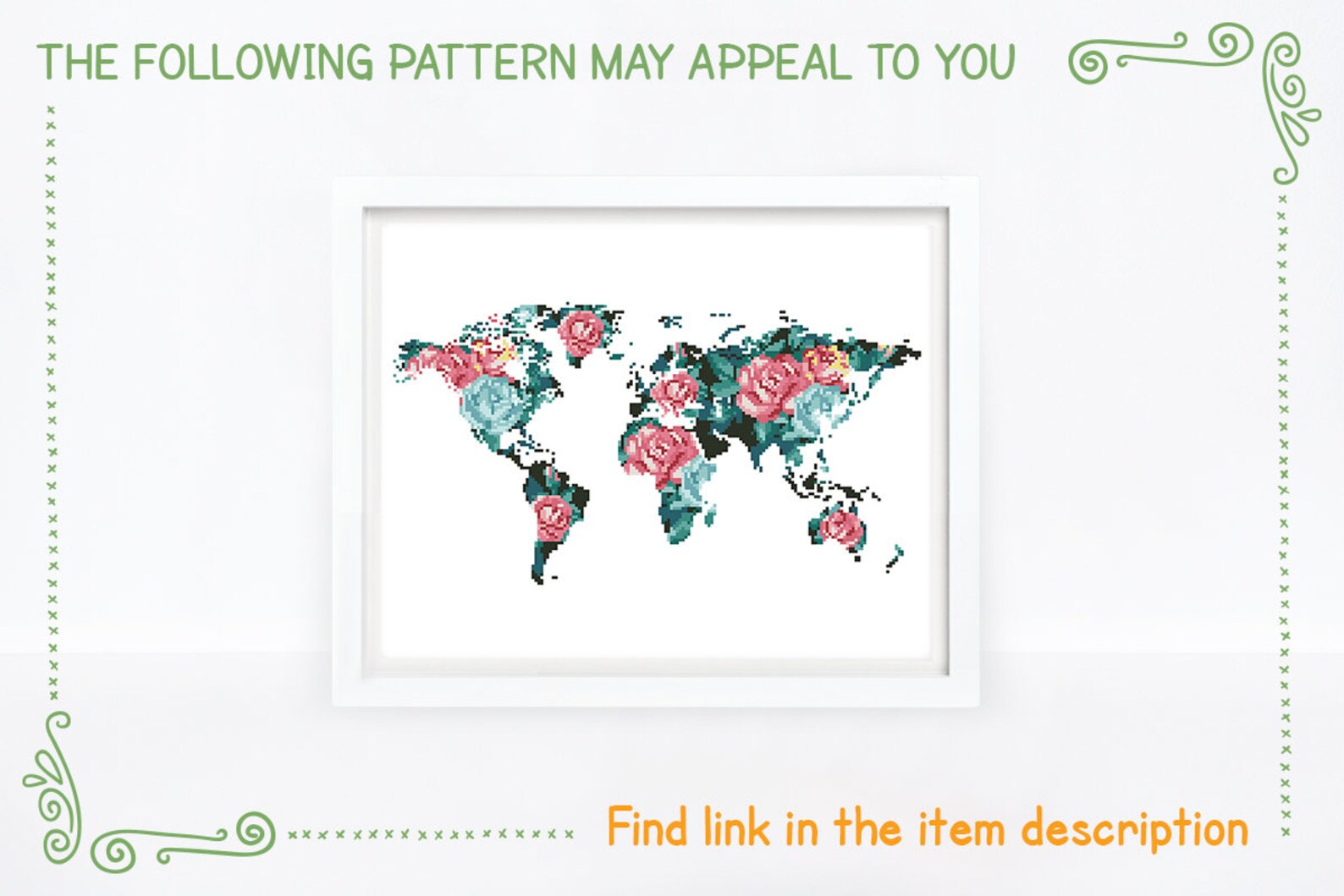 Map of the World Cross Stitch Pattern Floral Silhouette of World Map ...