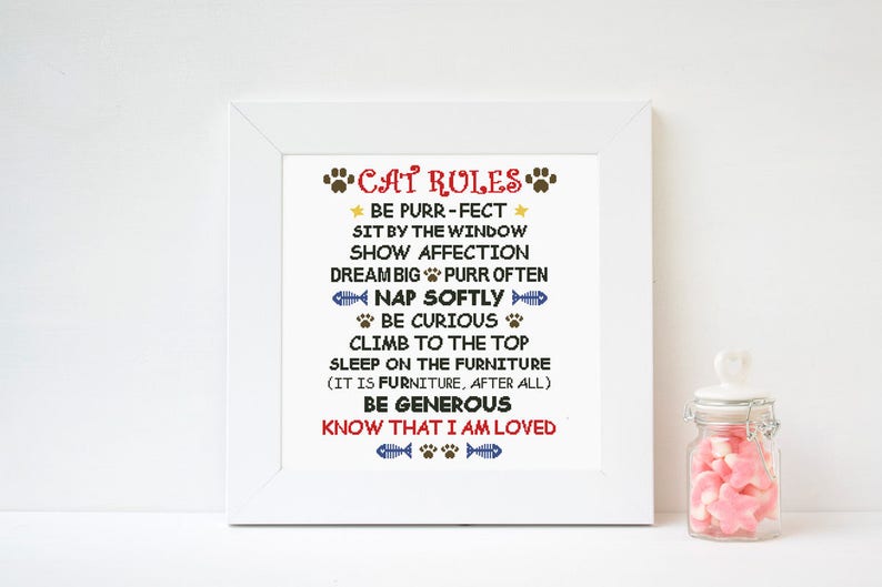 Cat Rules Cross Stitch Pattern Funny Cat Quote Cross Stitch | Etsy