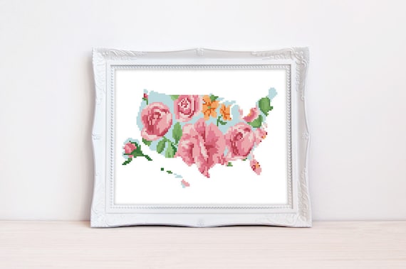 USA Map Cross Stitch Pattern Floral United States of America | Etsy