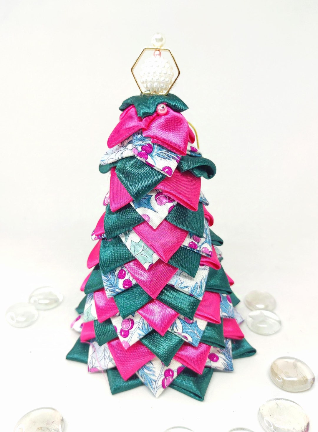 Mini Tabletop Trees, Folded Fabric Tree Ornaments, Quilted Christmas ...