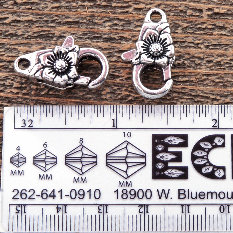 2 Pcs Lobster Claw Clasps With Floral Designs, Silver Finish Flowers ...