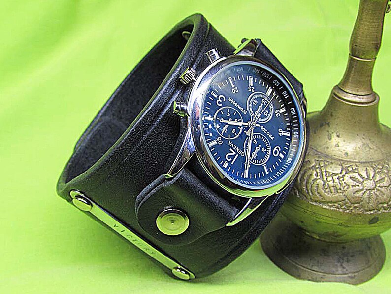 Handmade Black Watch Cuff Strap Mens Watch Leather Strap - Etsy