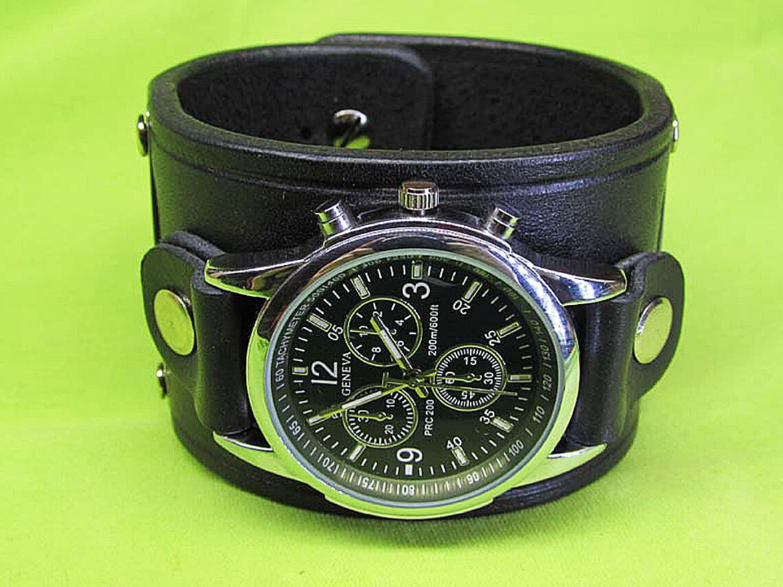 Handmade Black Watch Cuff Strap Mens Watch Leather Strap | Etsy