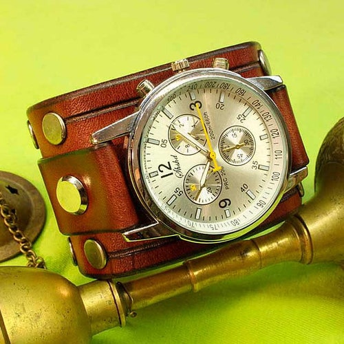 Handmade Brown Cognac Watch Cuff Strap Mens Leather Watch - Etsy