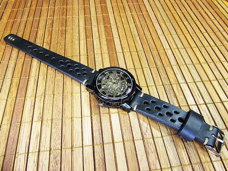 Handmade Rally Watch Strap of Black Leather Watch Strap 18mm - Etsy