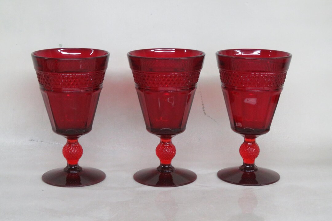 Viking Glass Mt Vernon Ruby Red Panel 3 Tall Wine Water Goblets Cups ...