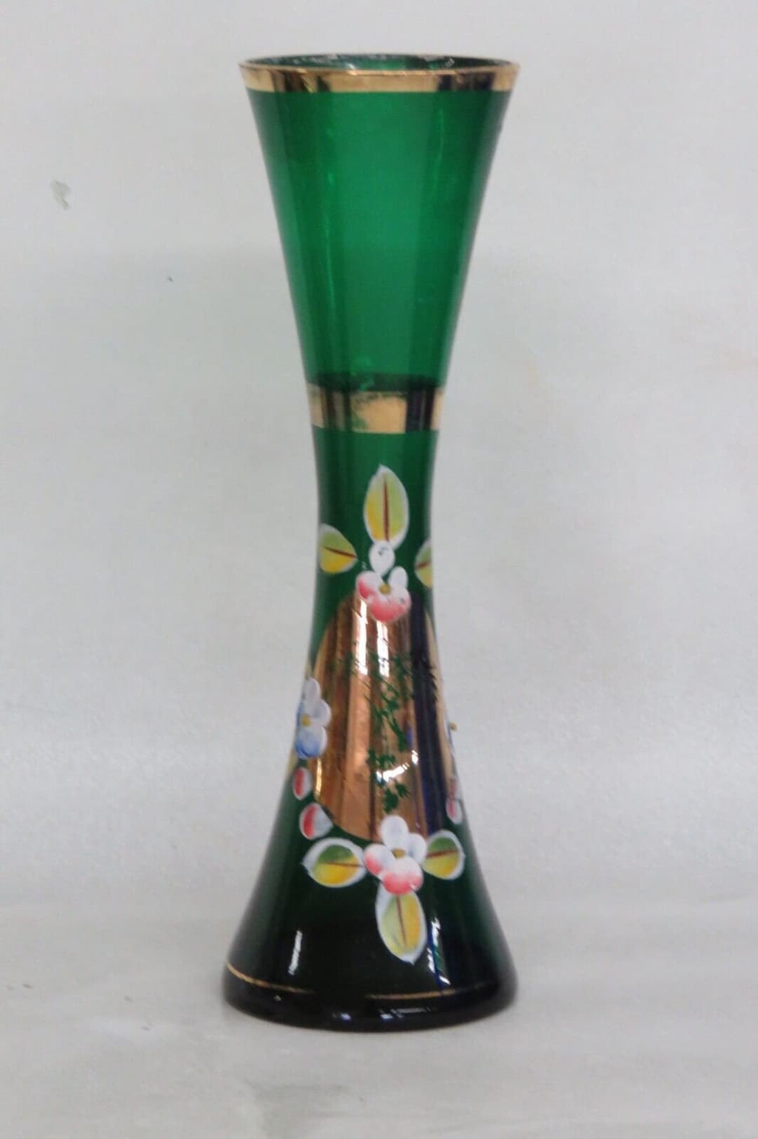 Emerald Green and Gold Hand Painted Flowers Bohemian Glass Bud Vase ...