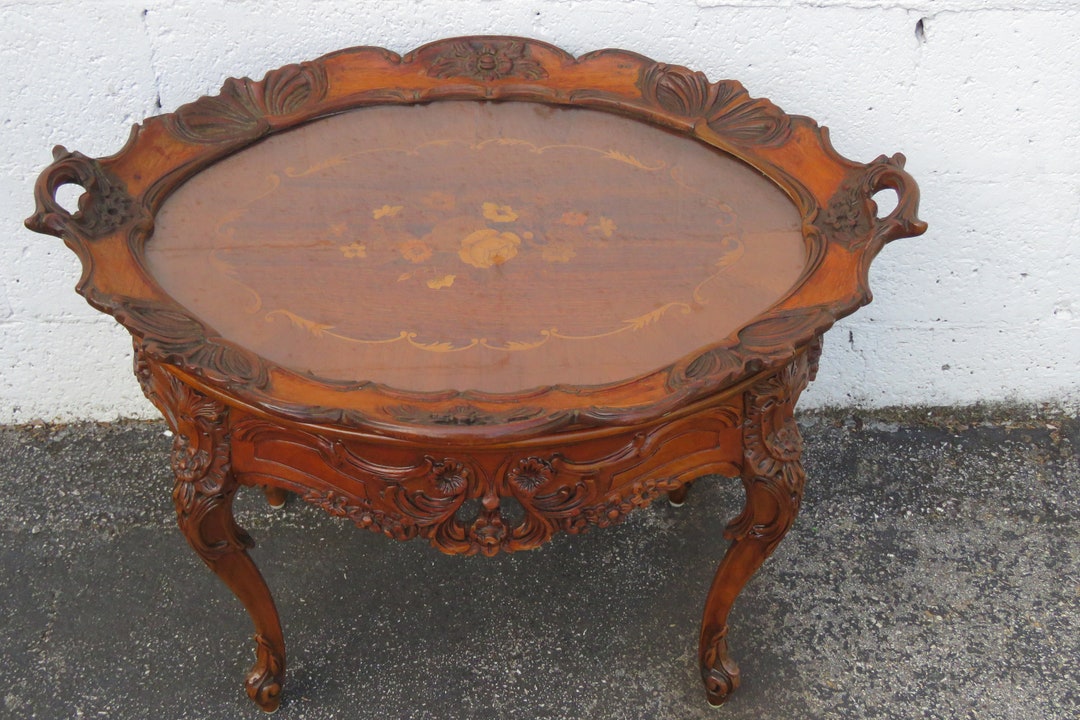 French Heavy Hand Carved Cherub Inlay Coffee Table With Glass Tray 5393 ...