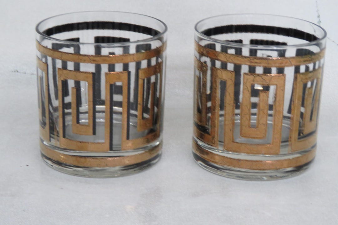 MCM Culver Greek Key Barware Gold Design Glasses Whiskey Cups Set of ...