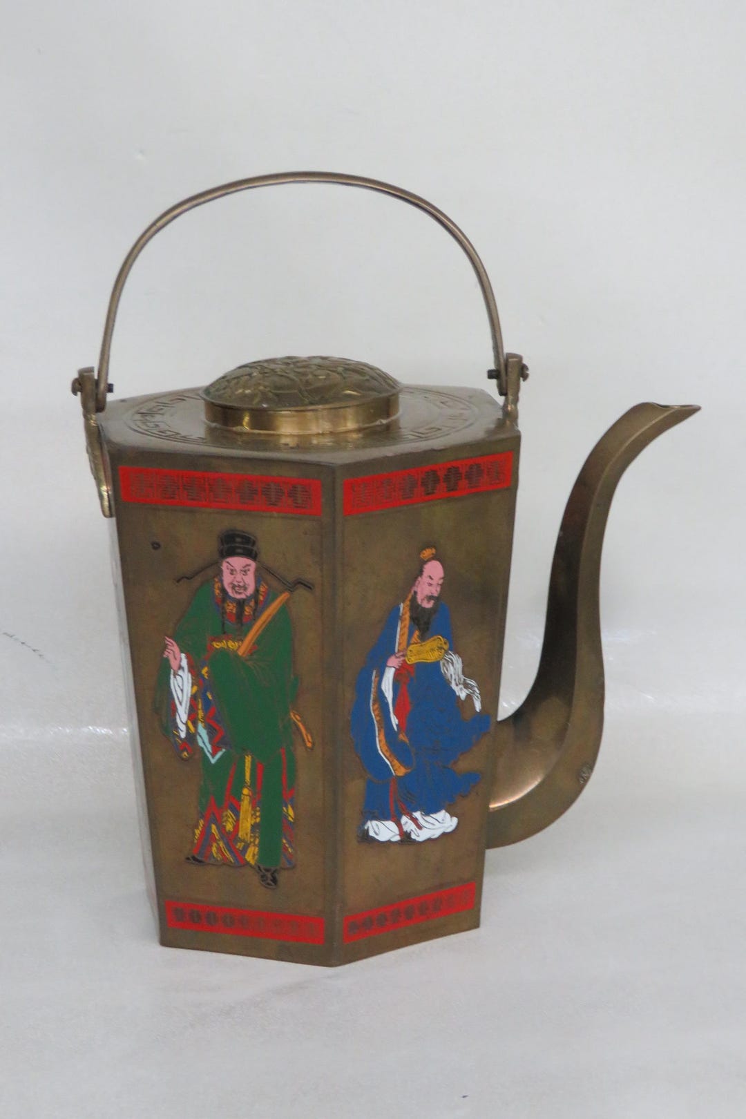 Japanese Brass Samurai Enamel Hexagon 6 Panel Tea Pot Made in Taiwan ...
