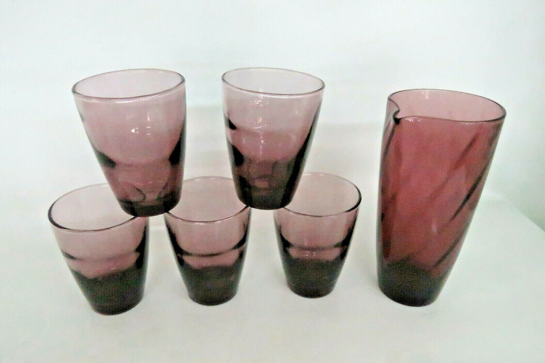 Hazel Atlas Purple Glass Cocktail Pitcher and 5 Tumbler Cups by Libbey ...
