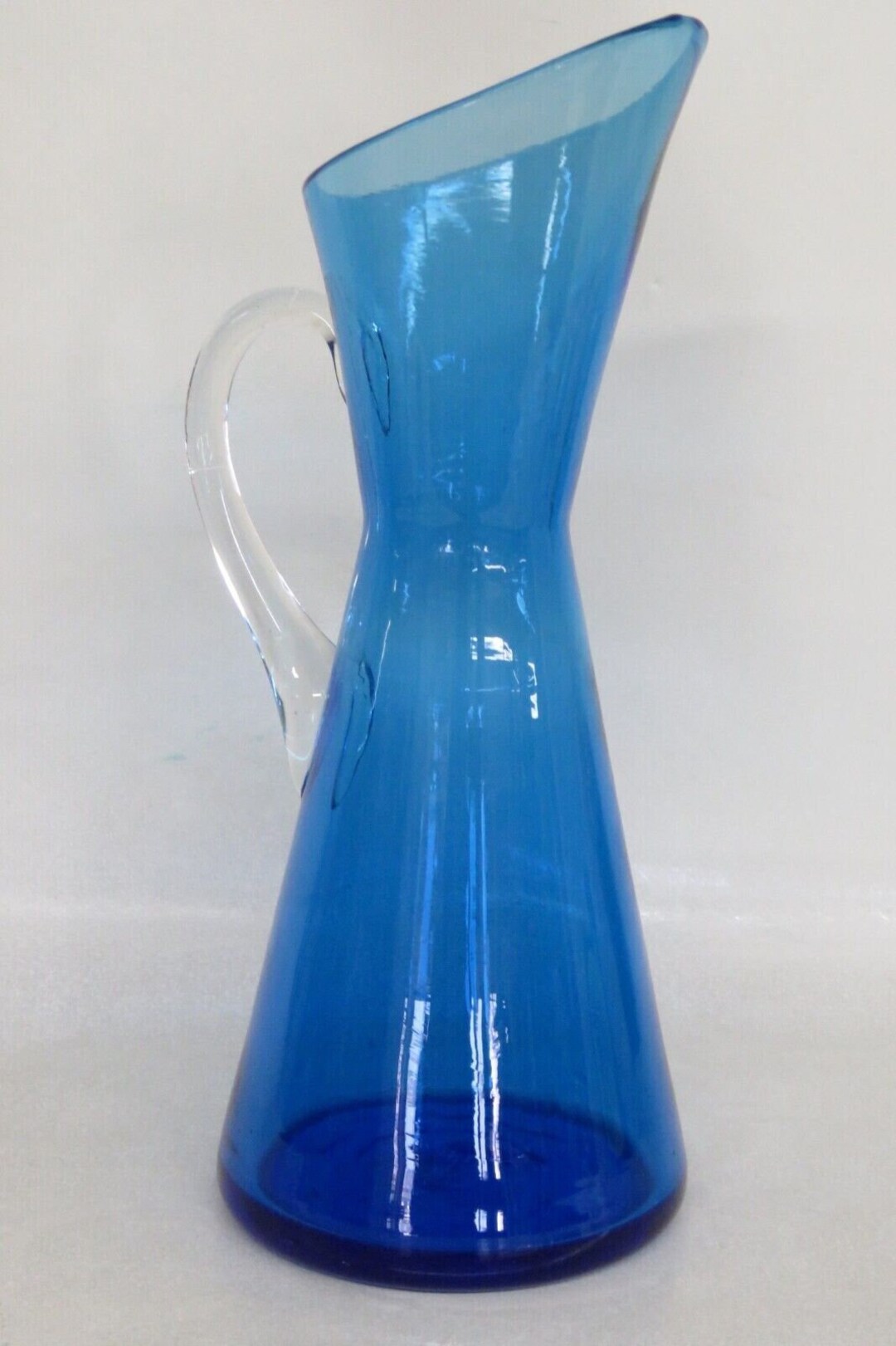 Tall Hand Blown Mid Century Style Glass Blue Pitcher With Clear Handle ...